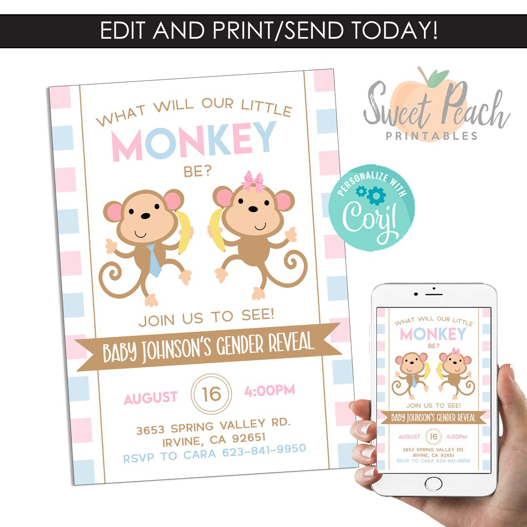 Editable Monkey Gender Reveal Invite Invitation Template 5x7 Digital ...
