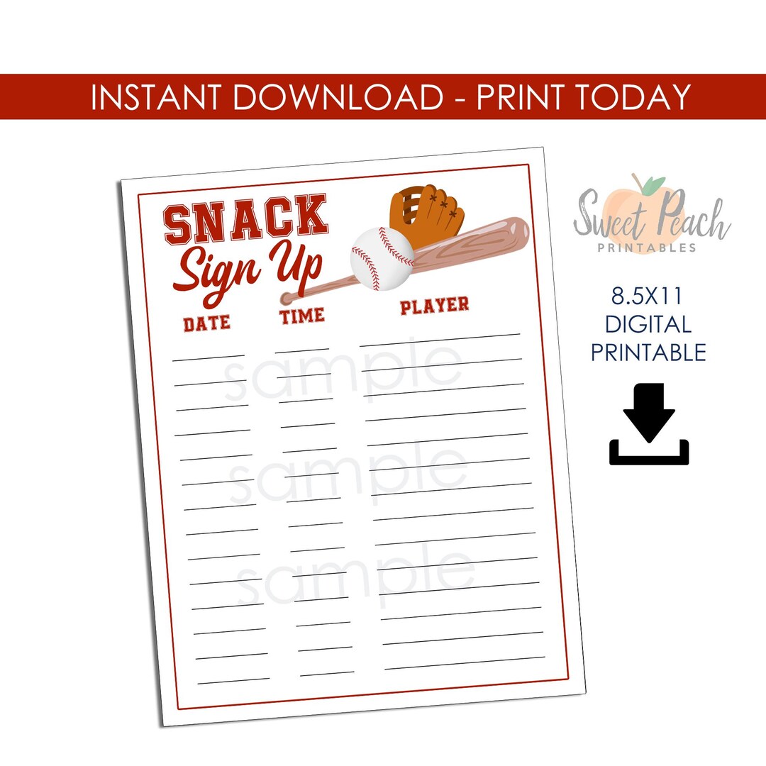Baseball Snack Sign up Sheet Printable Red Digital 8.5x11 Instant ...