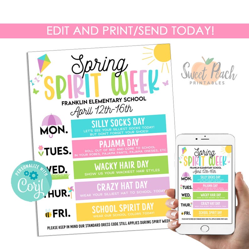 EDITABLE Spring Spirit Week Flyer School Event Template Digital 8.5x11 ...
