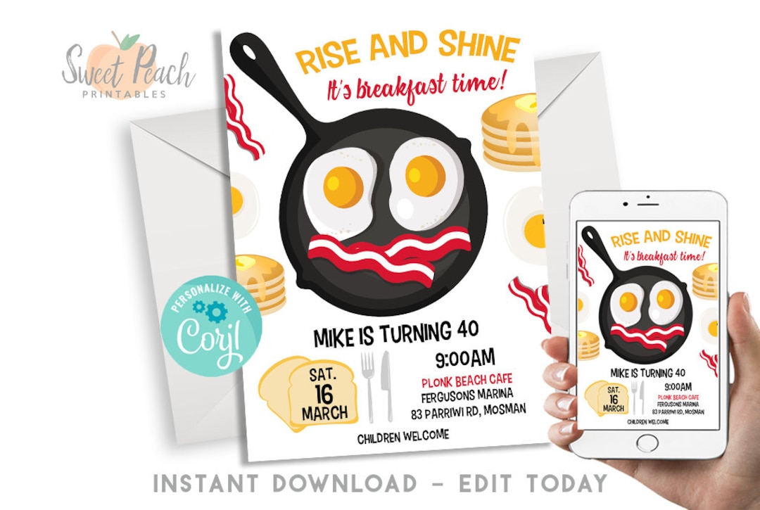 Editable Breakfast Birthday Invite Eggs and Bacon Face 5x7 Digital ...