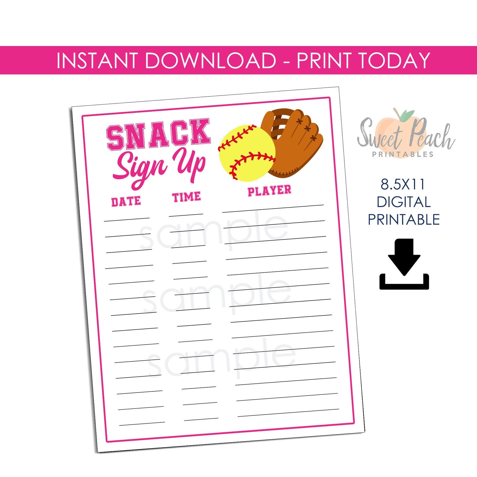 Softball Snack Sign up Sheet Printable Schedule Digital Instant ...