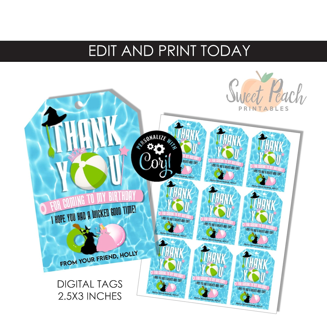 Wicked Pool Party Favor Tags EDITABLE Kids Birthday Thank You Digital 2 ...