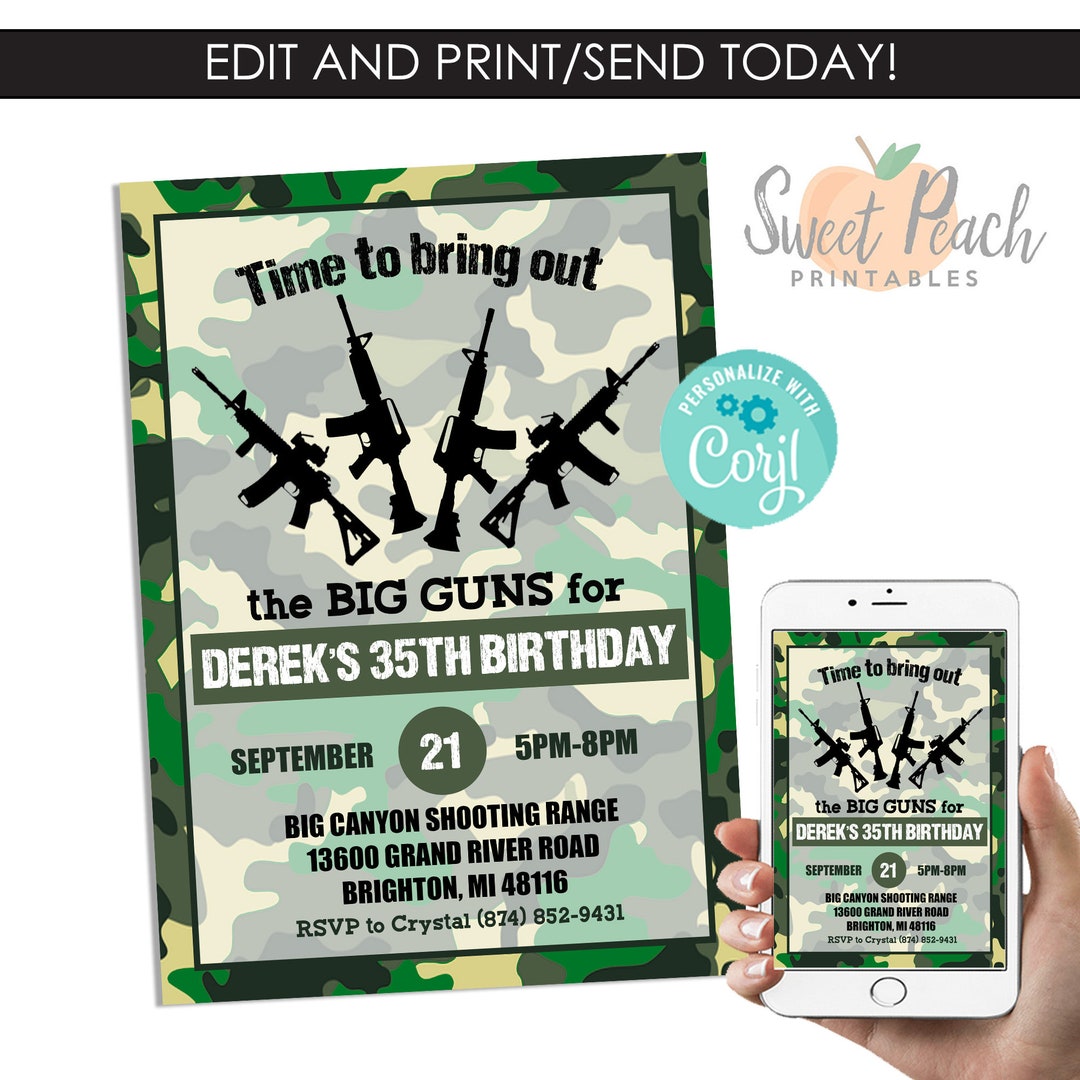 Editable Shooting Range Birthday Invitation Invite 5x7 Digital Men's 2A ...