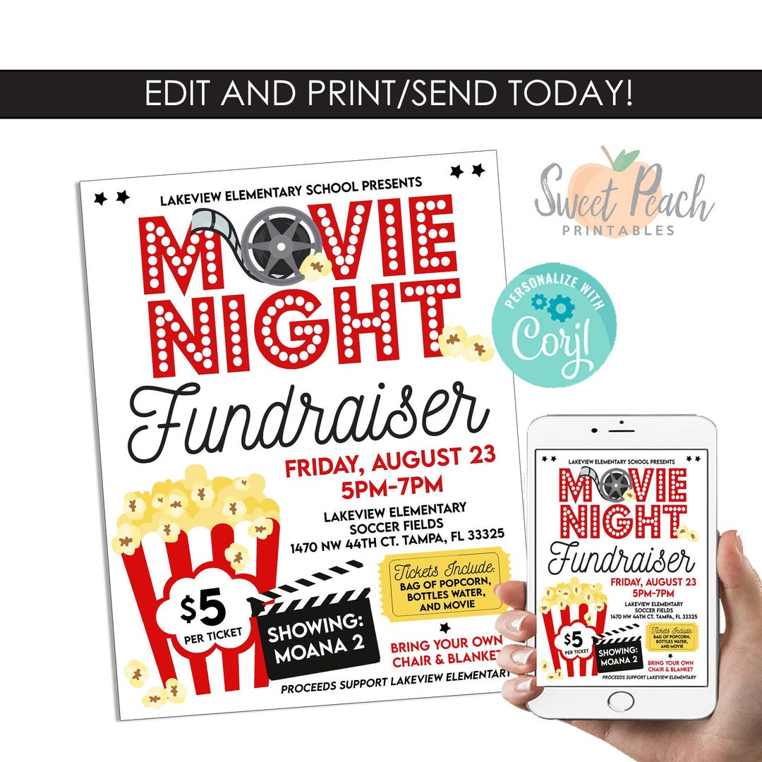 Editable Movie Night Fundraiser Template Flyer Digital 8.5x11 Instant ...