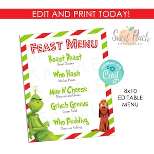 Editable Grinch Menu 8x10 Display Sign Christmas Printable Food Table ...