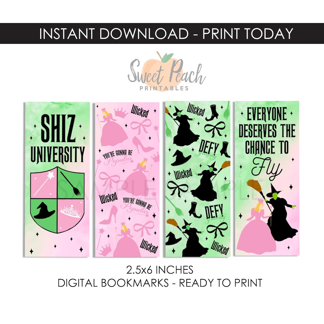 Wicked Inspired Bookmarks Digital INSTANT DOWNLOAD Printable Gift Ideas ...
