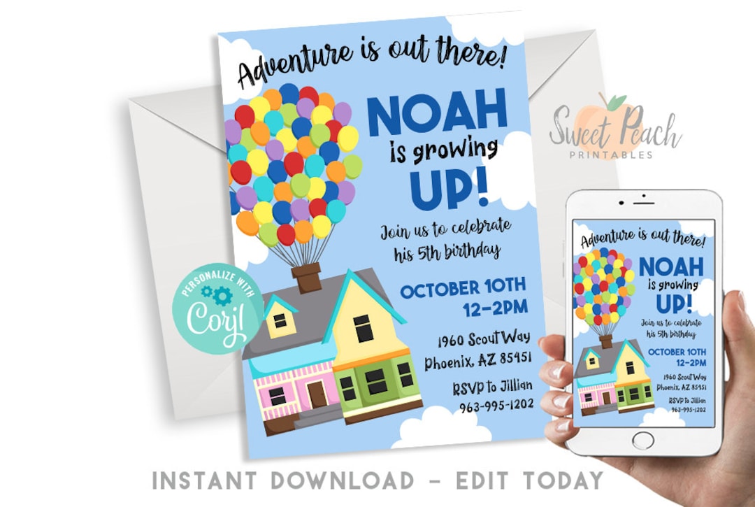 Editable UP! Birthday Party Invite 5x7 Digital Invitation Flying ...