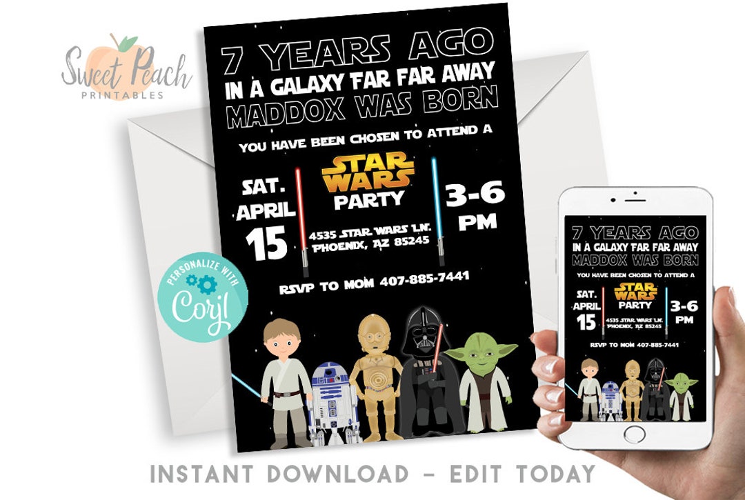 Editable Star Wars Birthday Invite 5x7 Digital Birthday Invitation ...