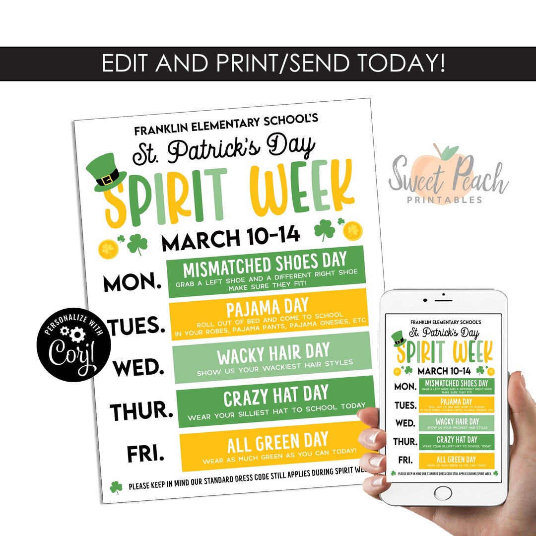 EDITABLE St. Patrick's Spirit Week Flyer Template School Event 8.5x11 ...