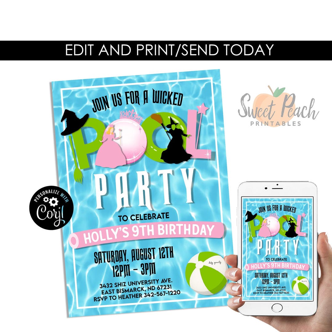 Editable Wicked Pool Party Invite Invitation Birthday Digital 5x7 ...
