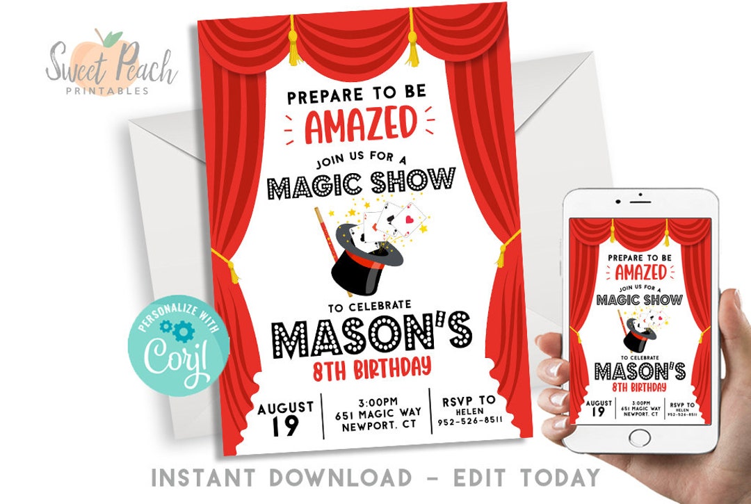 Editable Magic Show Birthday Invite Invitation 5x7 Digital Magician ...