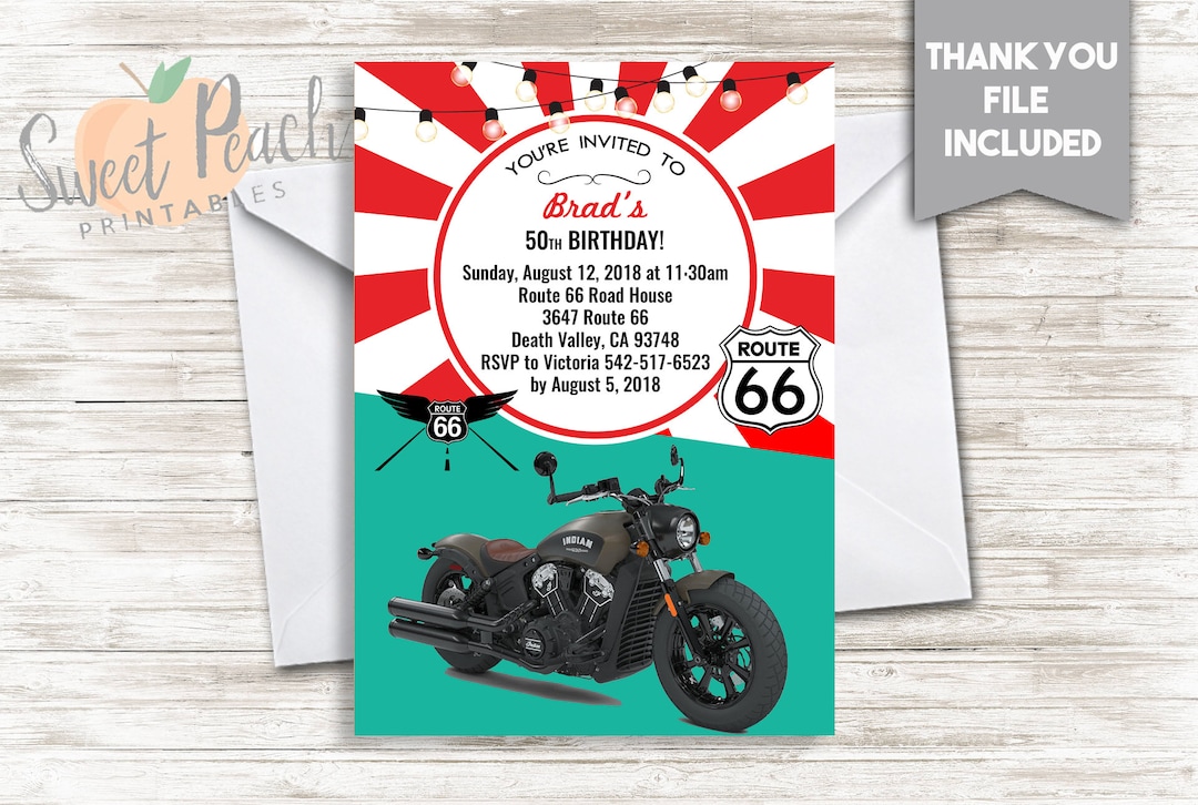 Route 66 Motorcycle Birthday Invite 5x7 Digital Personalized Invitation ...