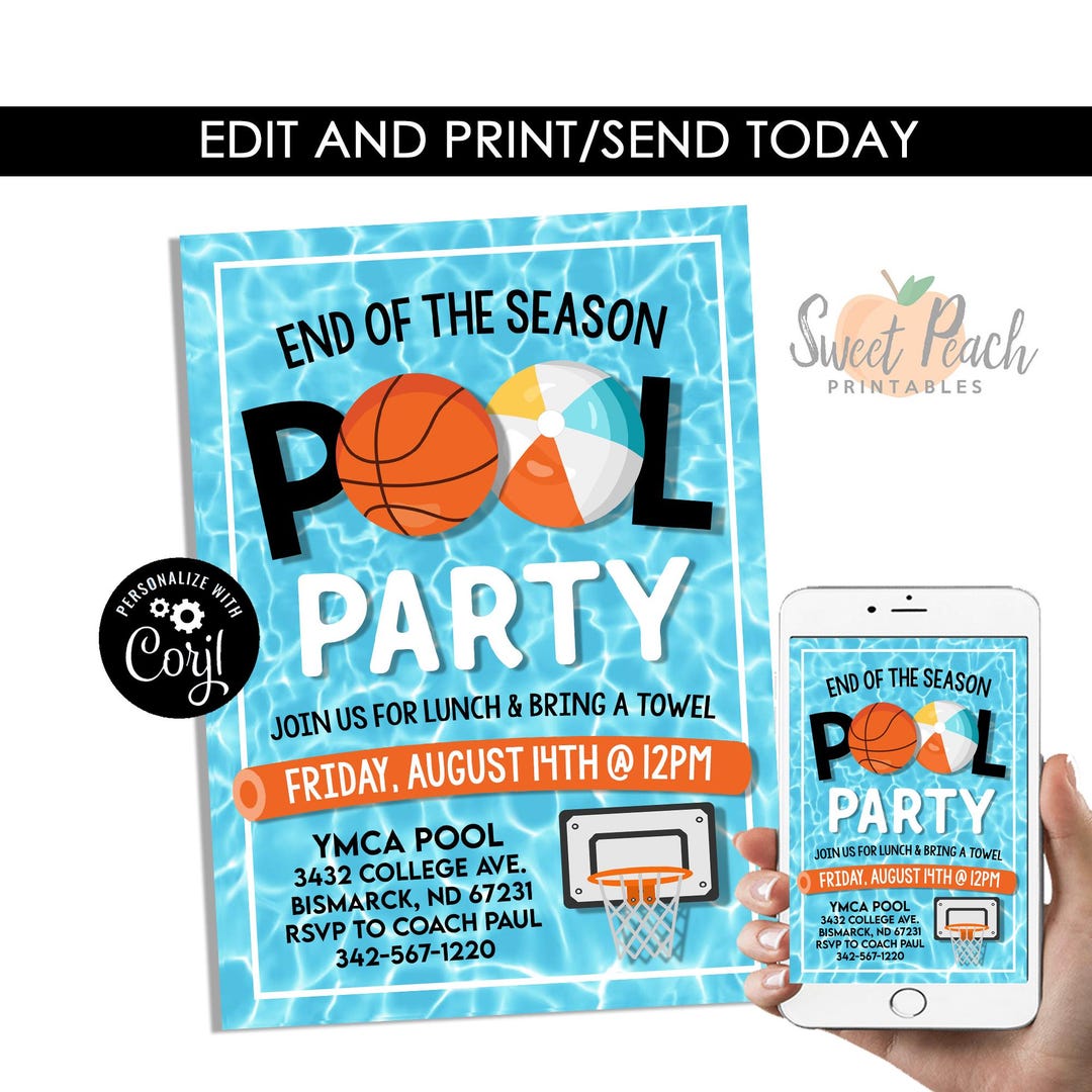Editable Basketball End of Season Pool Party Invite Invitation Digital ...