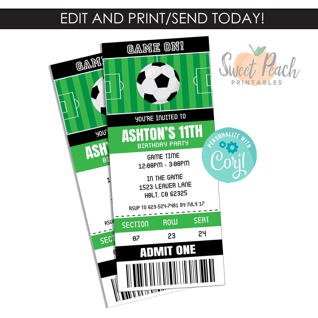 Editable Soccer Ticket Birthday Invite Invitation 3x7 Digital ...