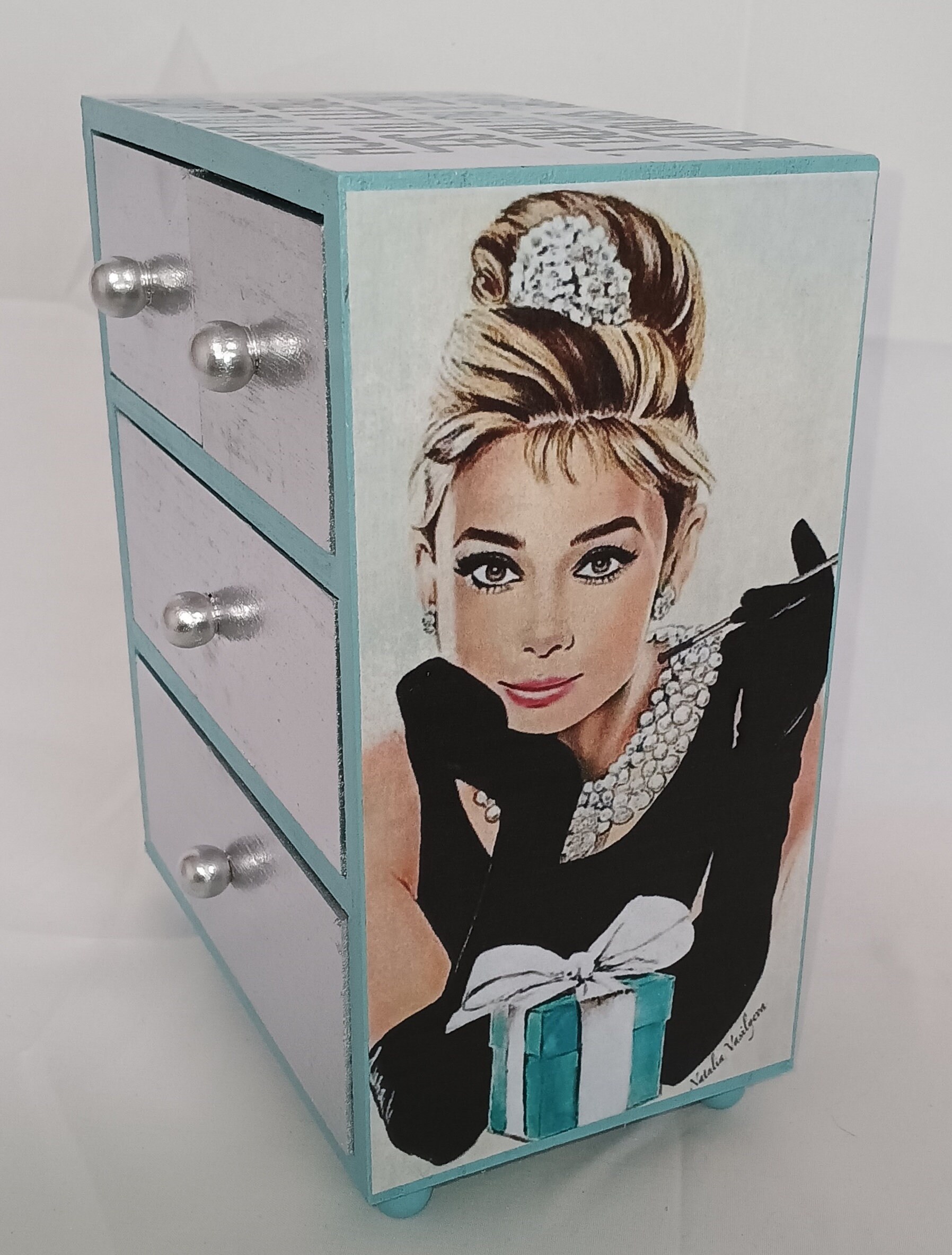 Custom Audrey Hepburn Mini 4 Drawer Jewelry Chest Diva Glamour Teal ...