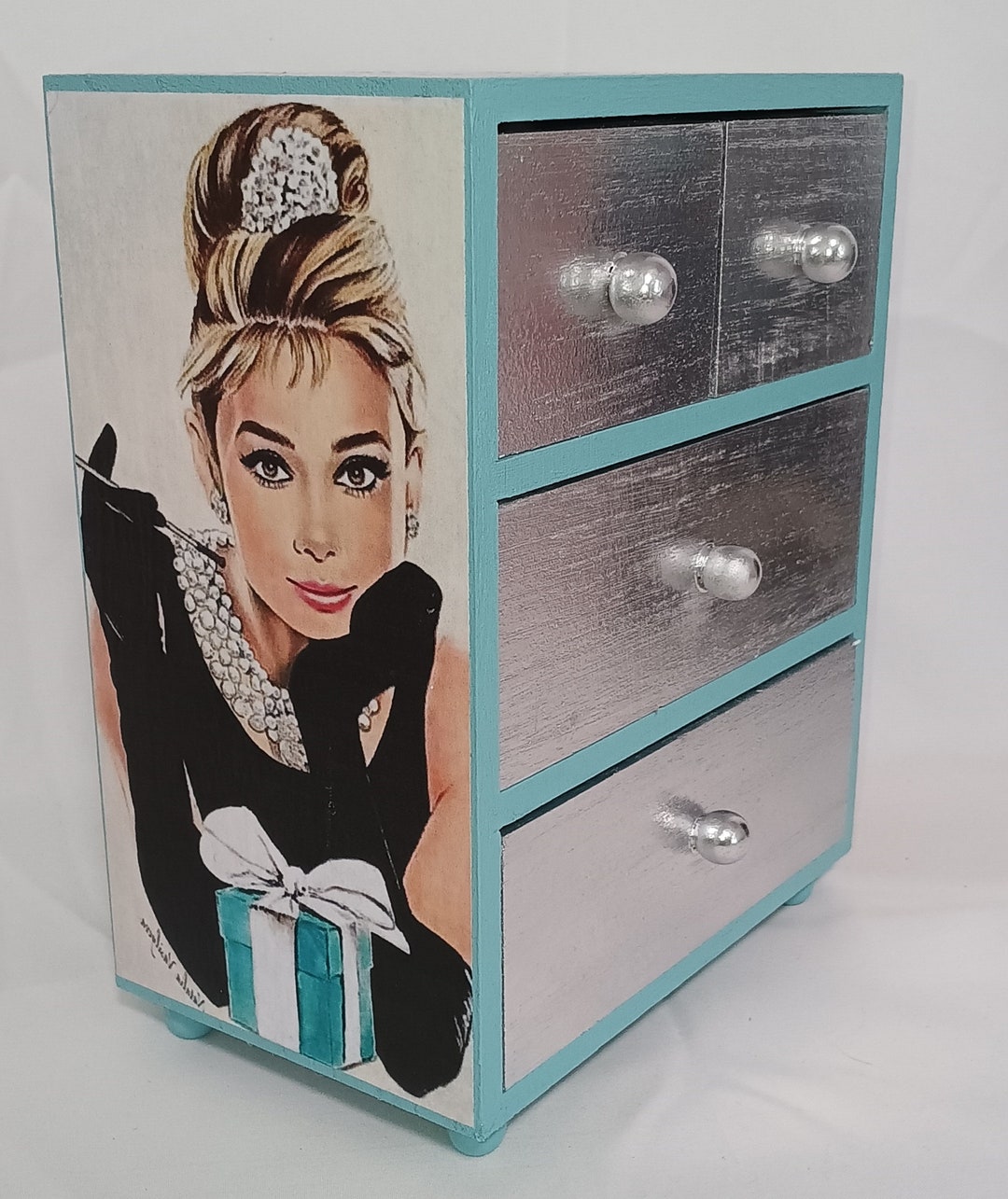 Custom Audrey Hepburn Mini 4 Drawer Jewelry Chest Diva Glamour Teal ...