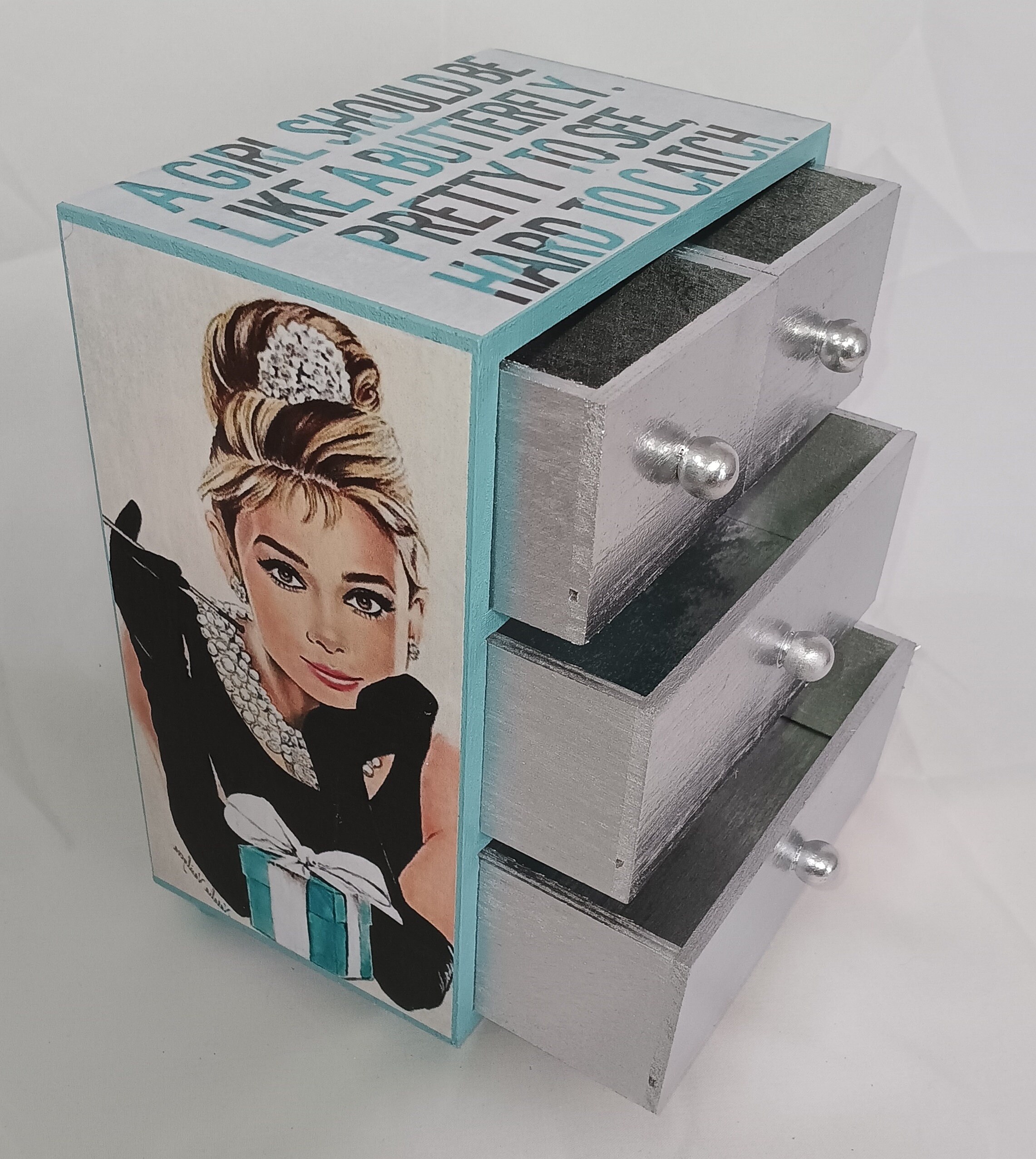 Custom Audrey Hepburn Mini 4 Drawer Jewelry Chest Diva Glamour Teal ...