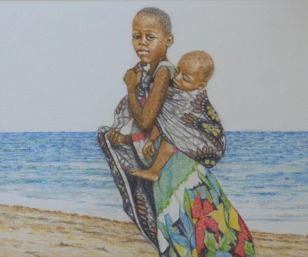 African Figure Painting of Young Girl With Baby, Original Pastel Art ...