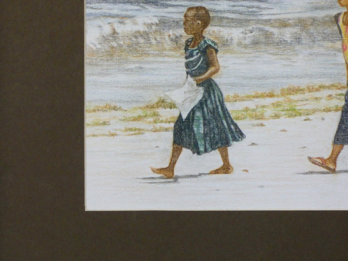 Children Walking Along Beach, Original African Figure Art, African ...