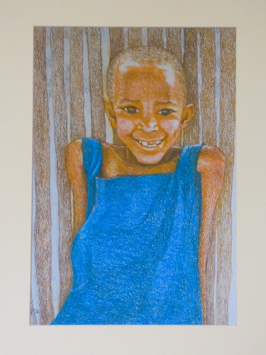 Child Portrait Art, Smiling African Child, Blue Dress, Pastel Artwork ...