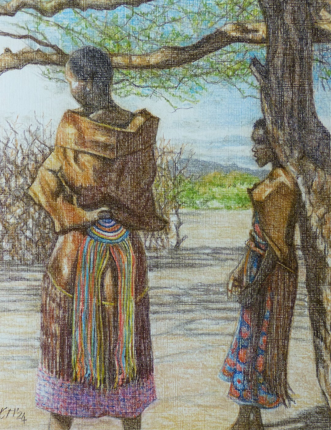 Original Pastel Painting of Figures in the Shade, African Women in ...