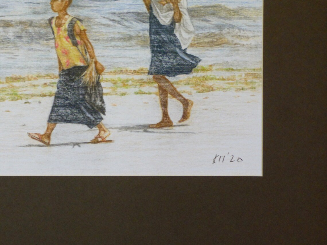 Children Walking Along Beach, Original African Figure Art, African ...