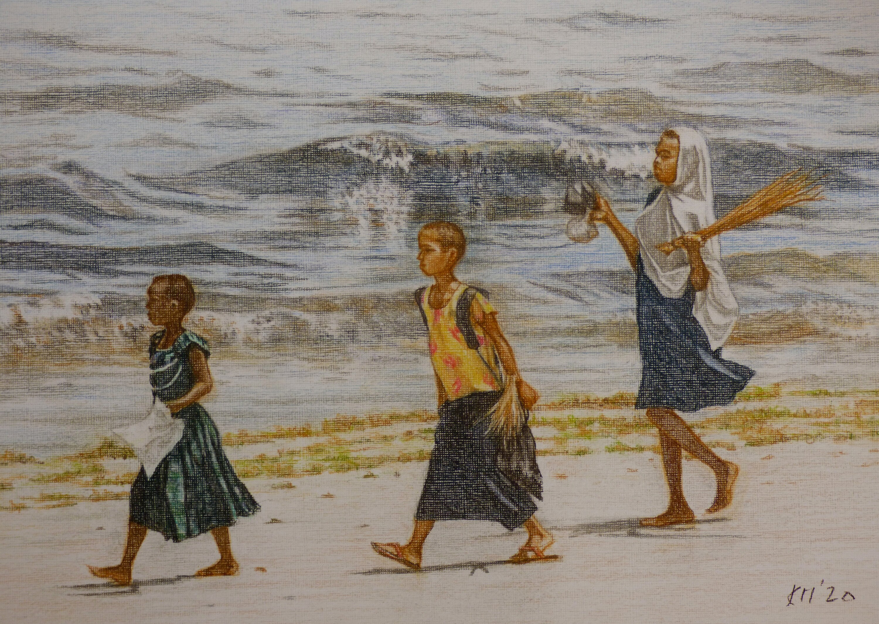 Children Walking Along Beach, Original African Figure Art, African ...