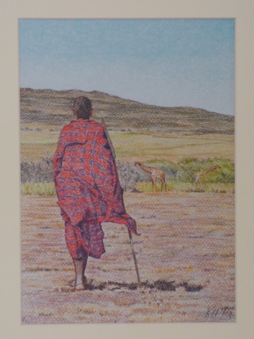 Masai in African Landscape, African Figure Art, Giraffe and Masai Art ...