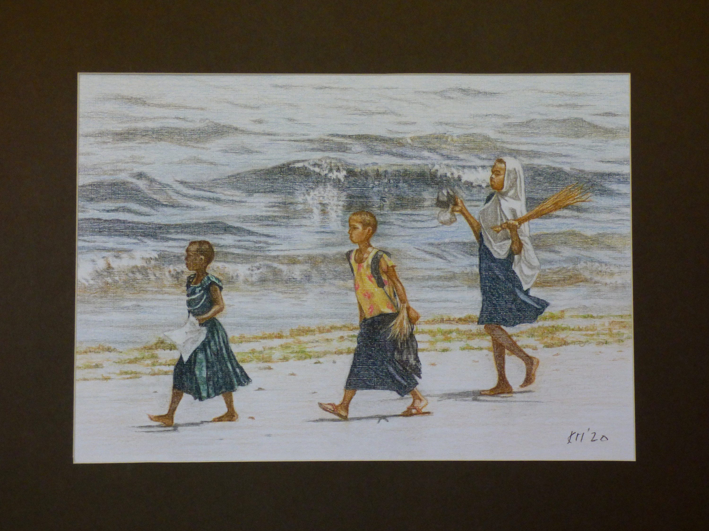 Children Walking Along Beach, Original African Figure Art, African ...