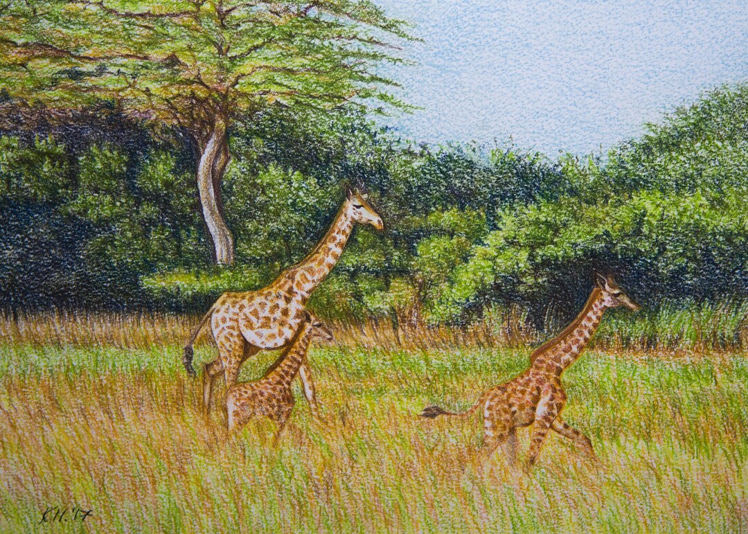 Giraffe Family With Baby, Original Painting, Running Giraffe, African ...
