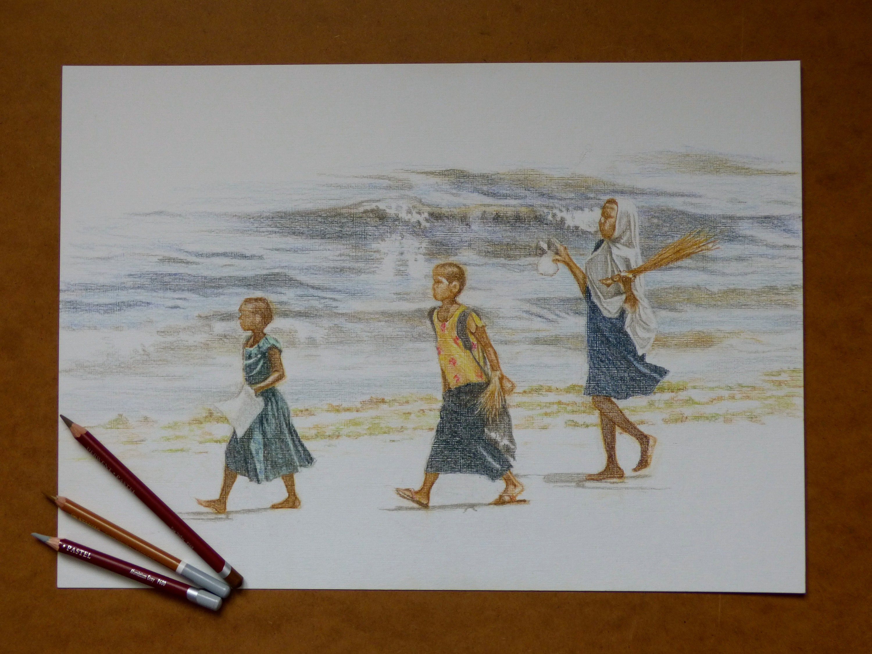 Children Walking Along Beach, Original African Figure Art, African ...
