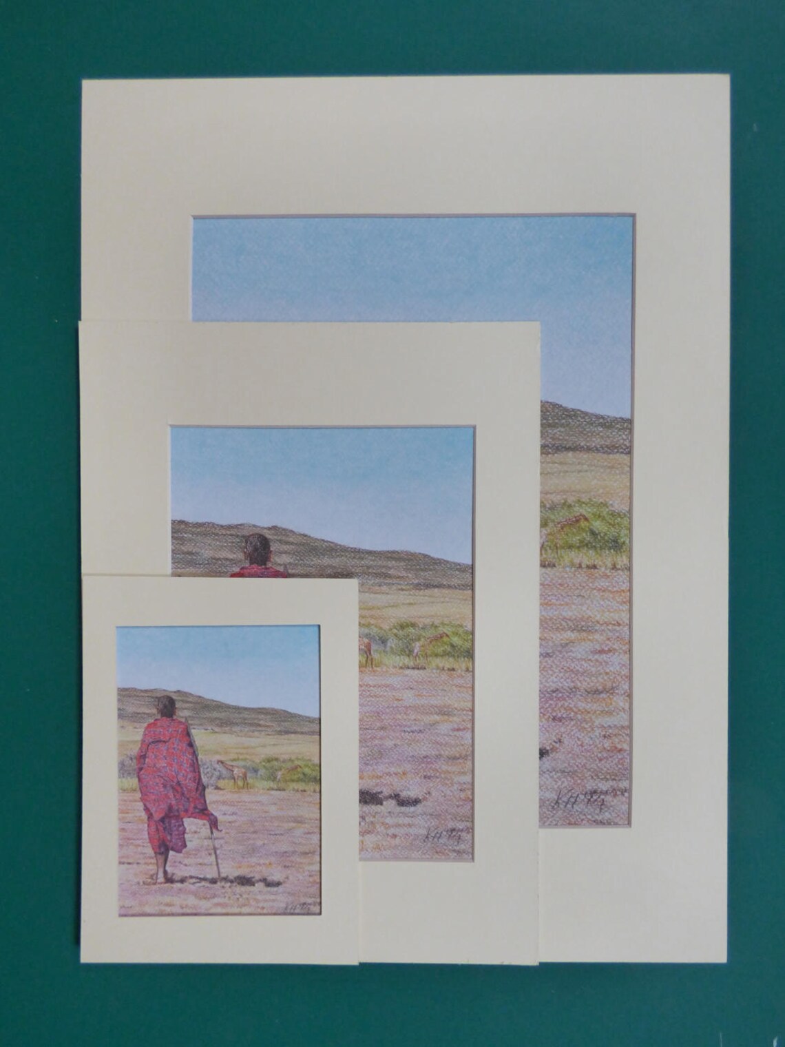 Masai in African Landscape, African Figure Art, Giraffe and Masai Art ...
