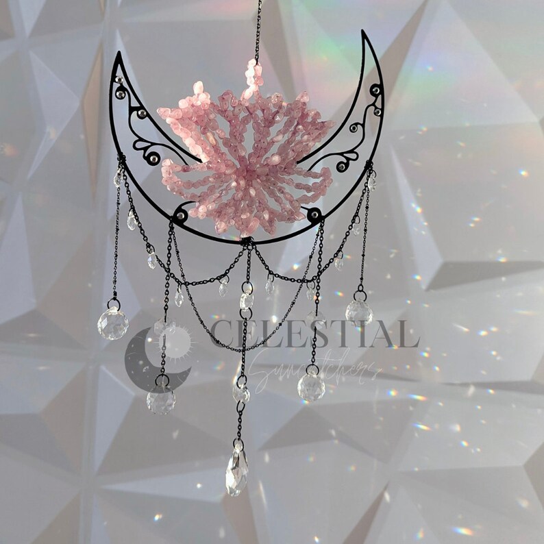 Crescent Moon Lotus Suncatcher, Rose Quartz in Moon, Witchy Decor, Gothic Housewarming Gift ...