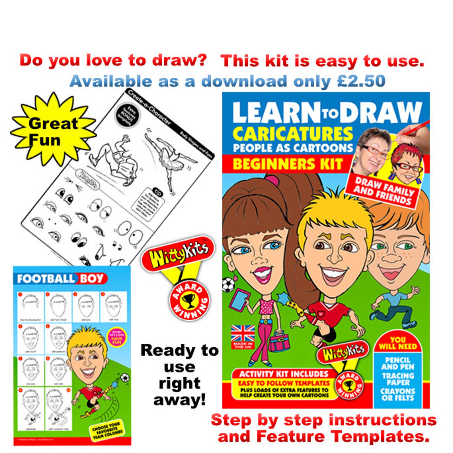 How to Draw Cartoon Faces, Printable Cartoon Kit, Easy Step by Step ...