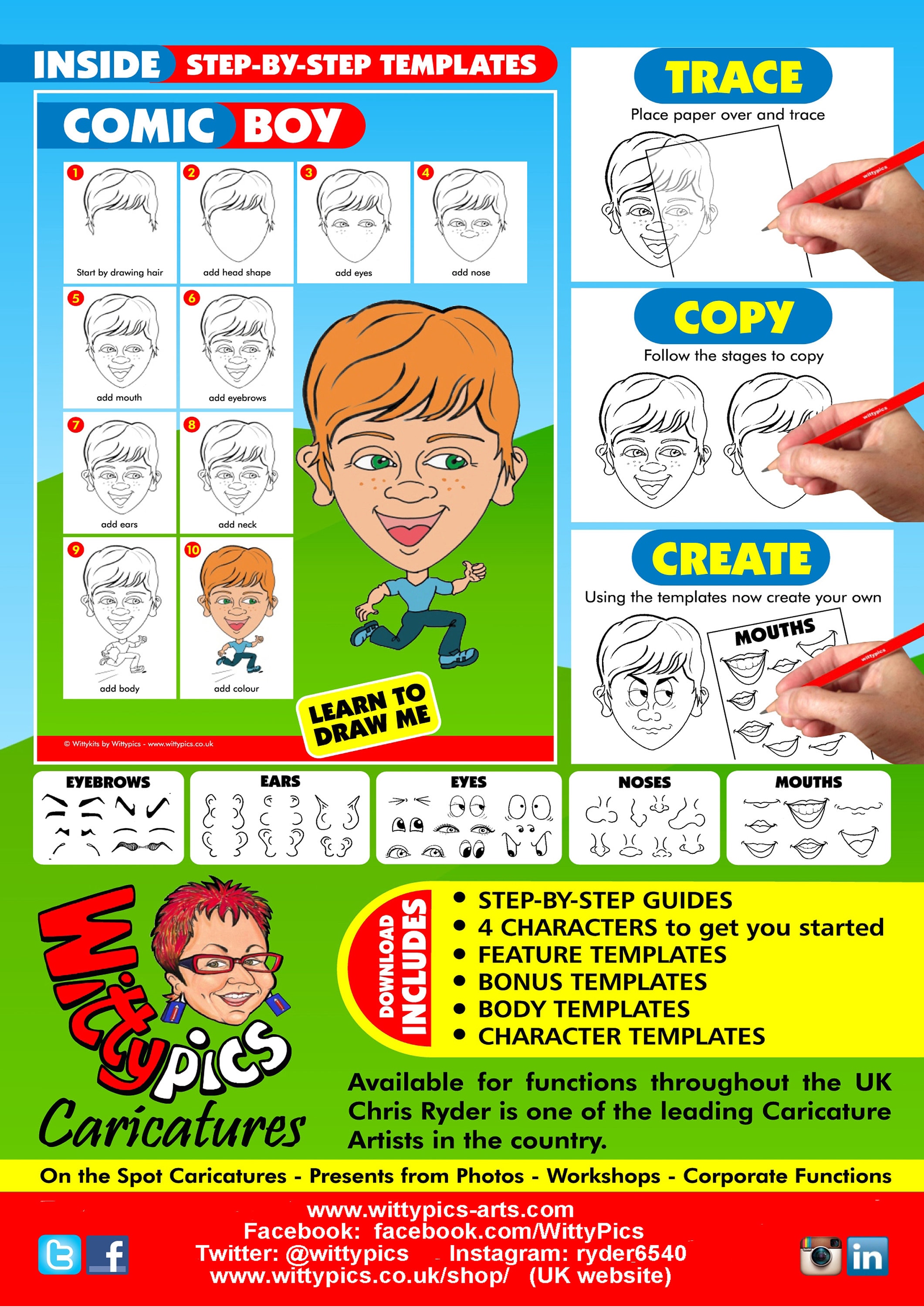 How to Draw Cartoon Faces, Printable Cartoon Kit, Easy Step by Step ...