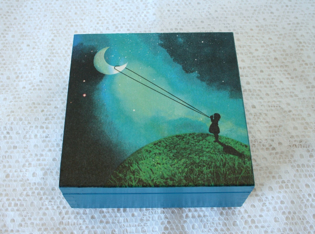 Jewelry Box Over the Moon, Wooden Box, Keepsake Box, Blue Box for ...