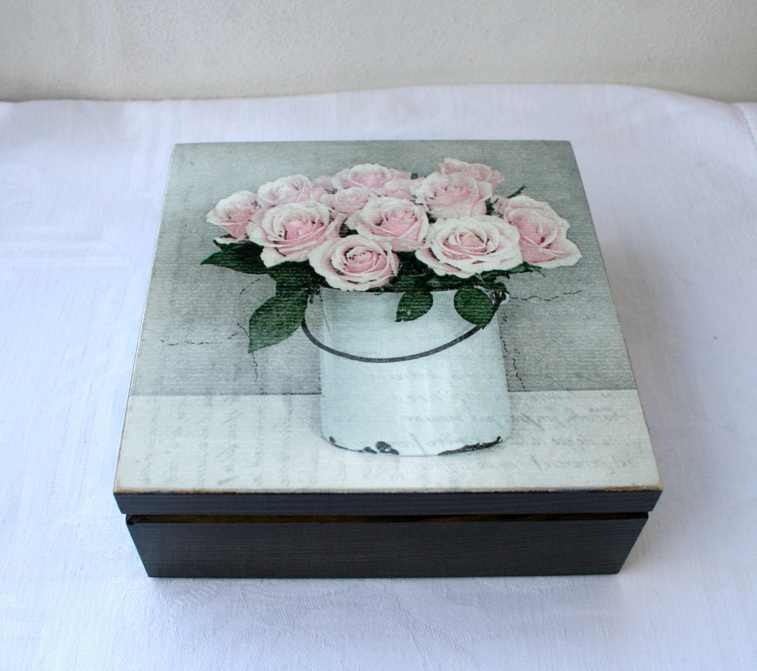 Wooden Box Flower Bucket, Floral Chest Treasure Jewelry, Flower Motif ...