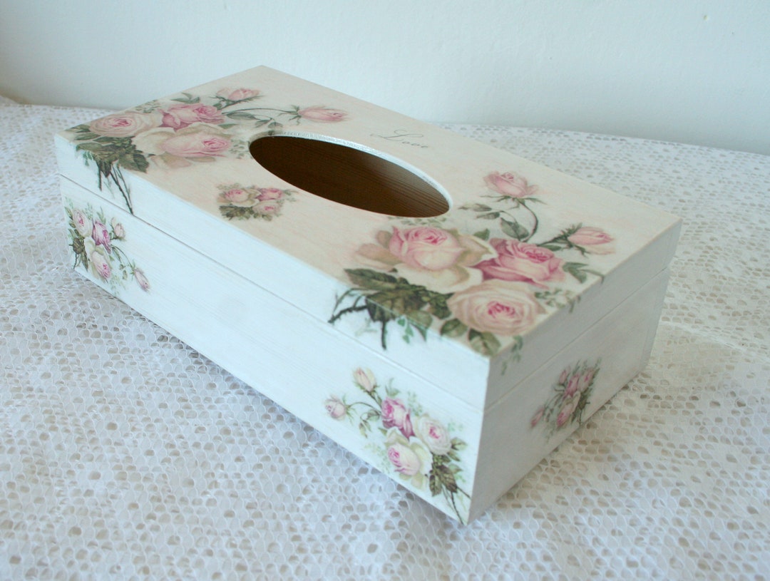 Wooden Tissue Box With Romantic Roses, Rectangular Tissue Box, Rose ...