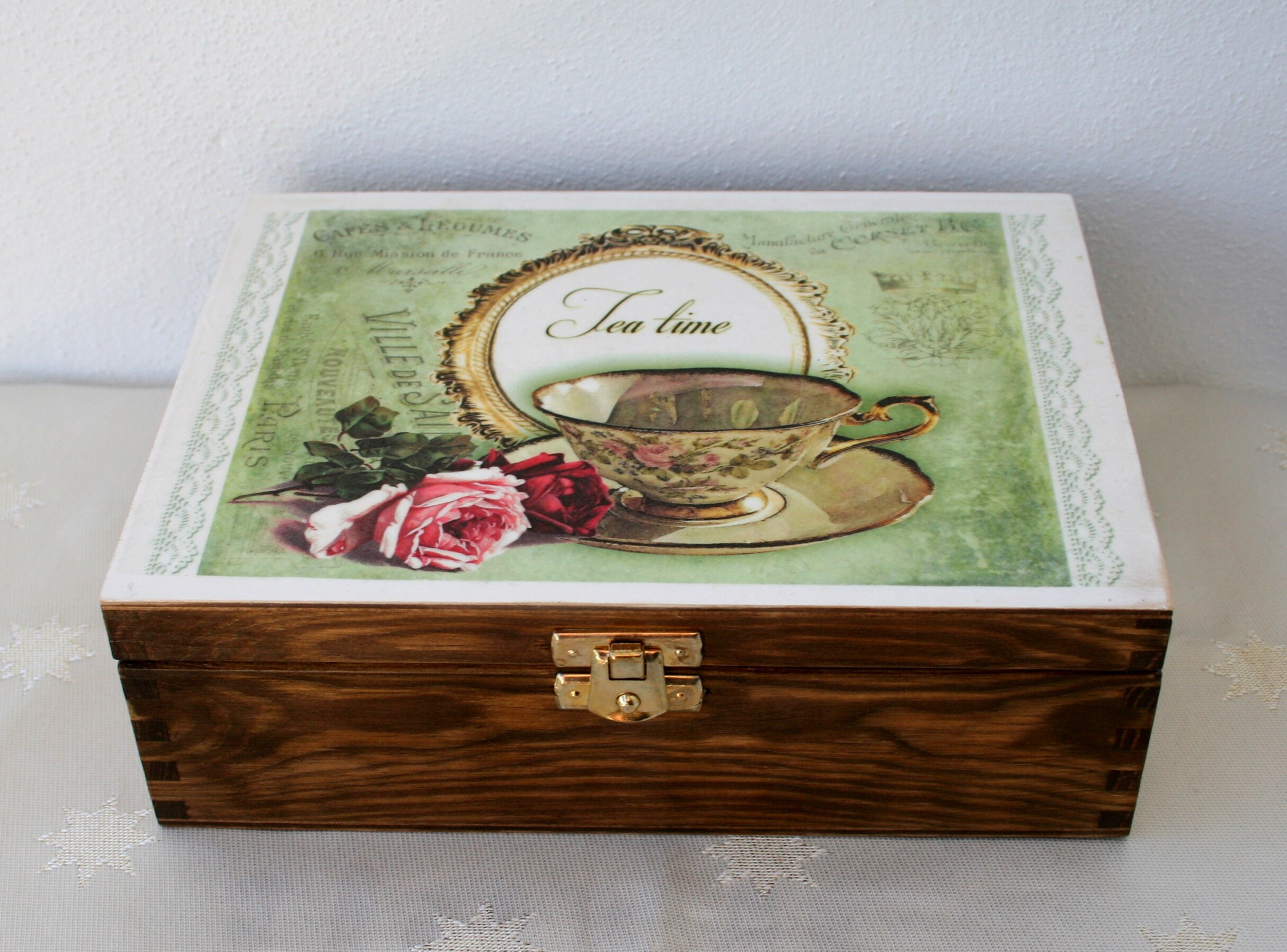 Wood tea box with cup tea storage box with roses kitchen | Etsy