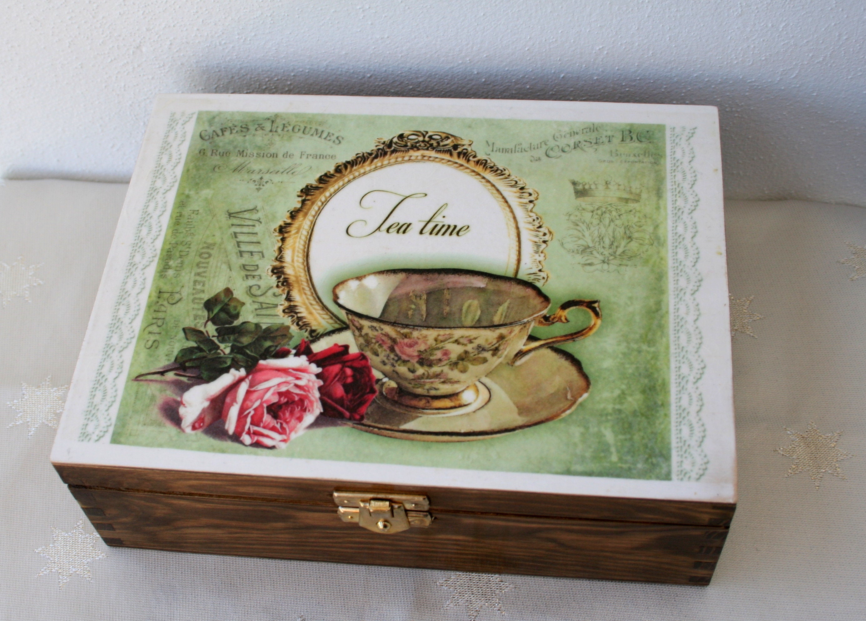 Wood tea box with cup tea storage box with roses kitchen | Etsy