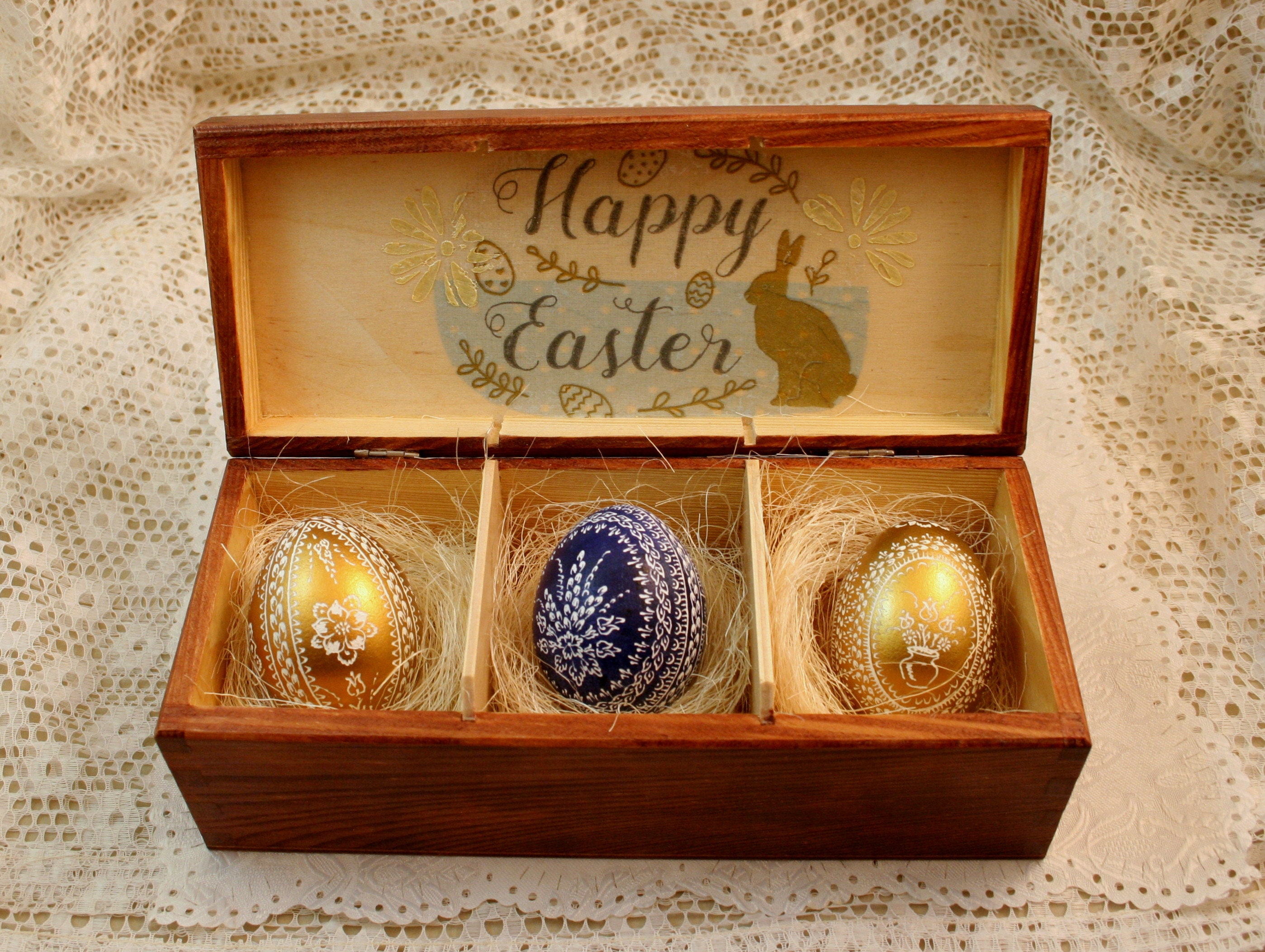 Three Pysanky With Wooden Box Easter Eggs on Real Hen Eggs - Etsy