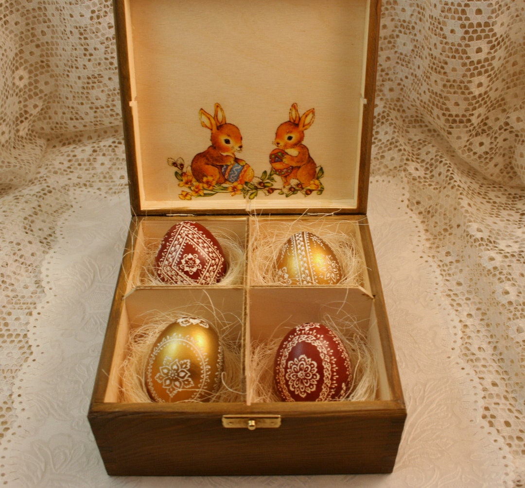 Wooden Box + 4 Pcs Easter Eggs, Box With Four Easter Eggs, Pysanky Eggs ...