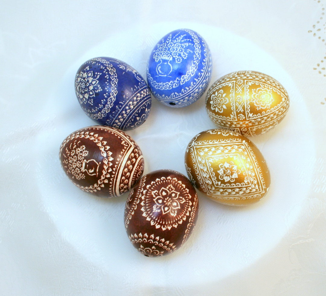 6 Pcs Gold Easter Eggs, Real Chicken Eggs Hanging, Colorful Pysanky ...