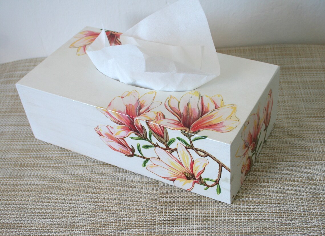 Pink Magnolia Tissue Box Wood Rectangular Tissue Box - Etsy