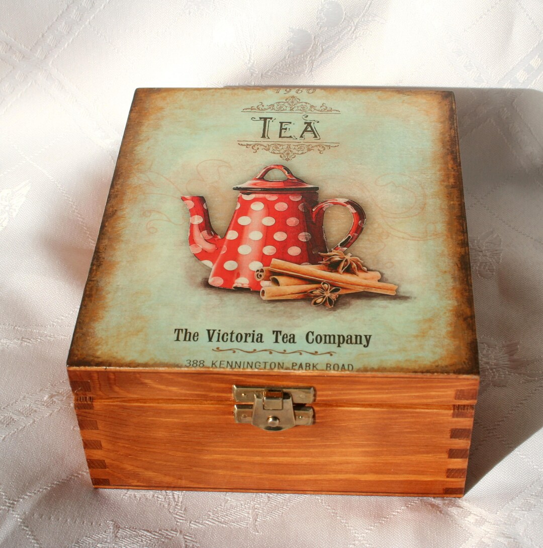 Wooden Tea Box, Kettle With Polka Dots, Tea Box Organizer, Wood Box ...