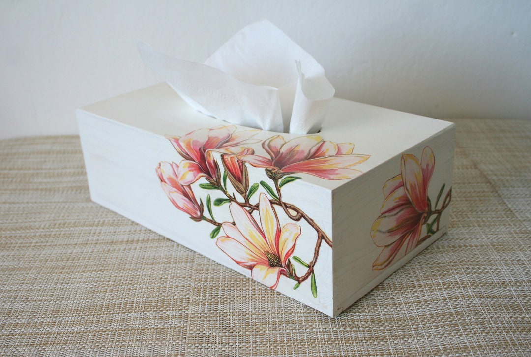 Pink Magnolia Tissue Box, Wood Rectangular Tissue Box, Magnolia ...