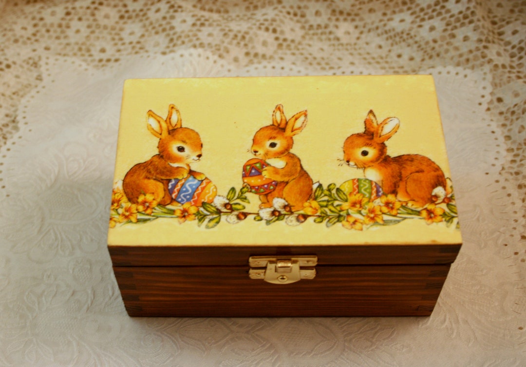 Wooden Box With Easter Bunnies, Box With Two Easter Eggs, Easter Gift ...