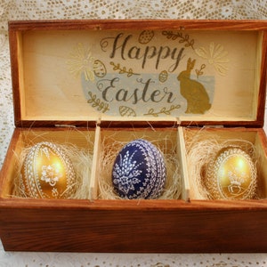 Three Pysanky With Wooden Box, Easter Eggs on Real Hen Eggs, Box With ...