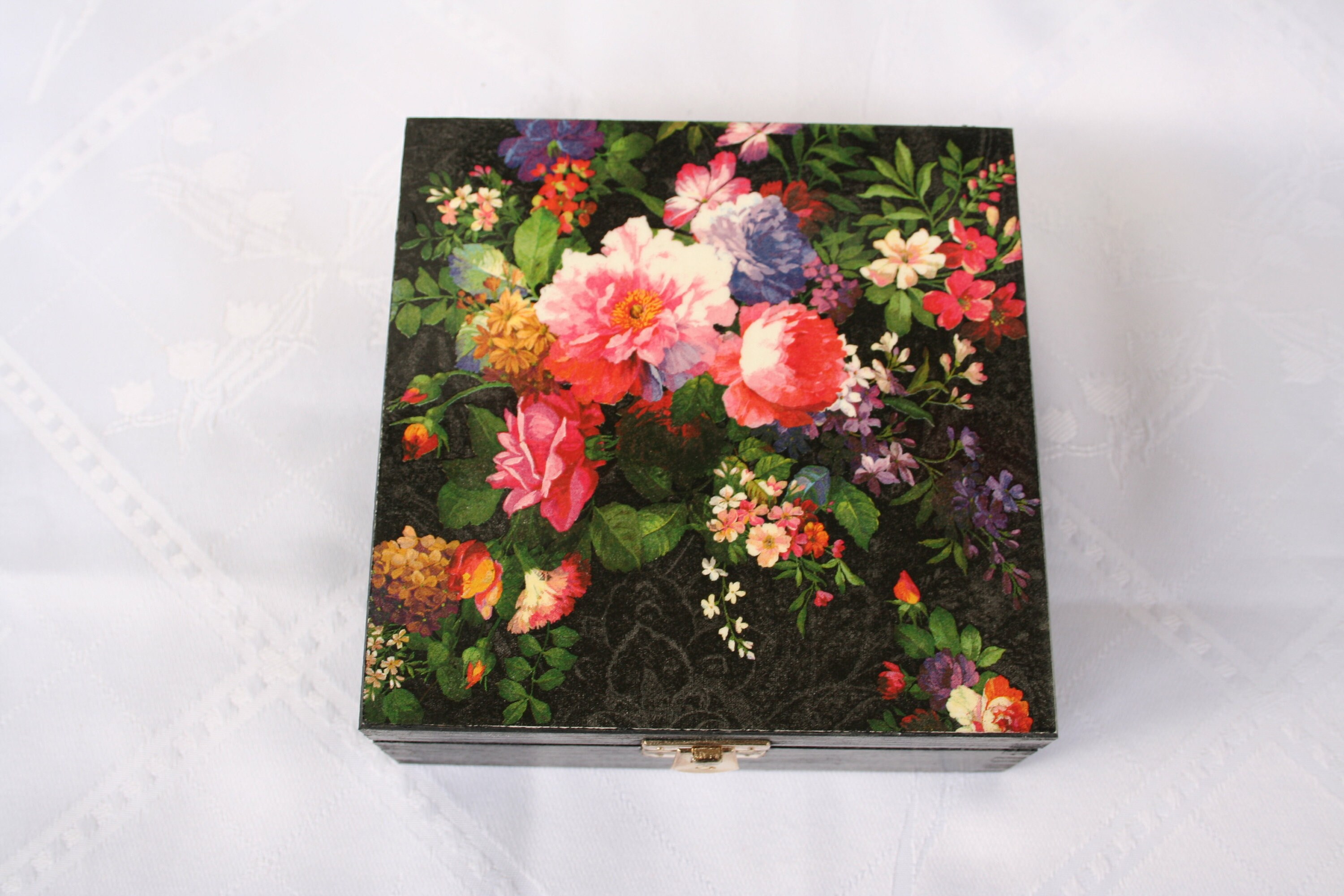 Wood Box With Flowers, Black Box, Wooden Pyx, Keepsake Box, Jewellery ...