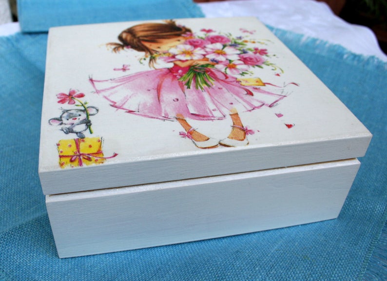 Wooden Box Girl With Flowers Treasure Box for Little | Etsy